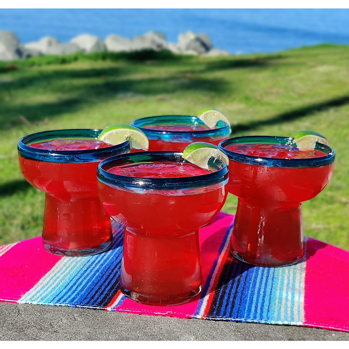 Dos Sueños Mexican Hand Blown Glass – Set of 4 Hand Blown Stemless Aqua Rim Margarita Glasses (14oz)