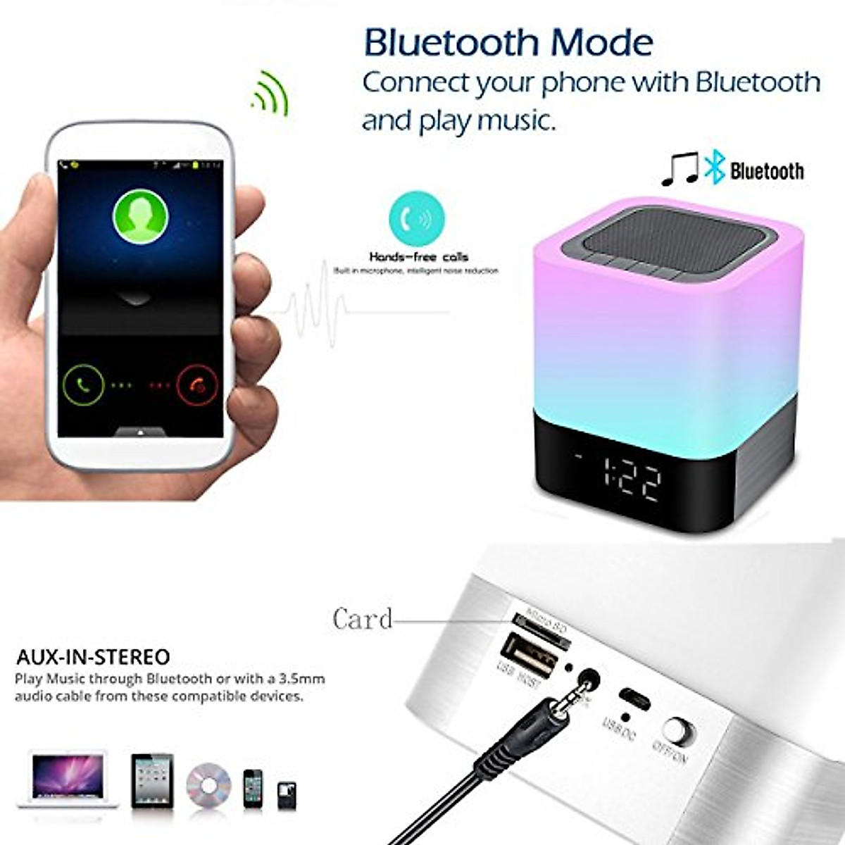 Alarm Clock Bluetooth Speaker Night Light Bluetooth Speaker,Touch Sensor Bedside Lamp,Dimmable Warm Light & Color Changing RGB LED Table Lamp MP3 Music Player for Kids,Bedroom,Camping (Newest Version)