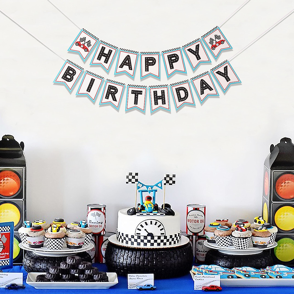 Retro Racing Happy Birthday Banner - Happy Birthday Banner, Racing Themed Party, Racing Party Decoration. Boys racing themed birthday decorations. Wall banner for racing fans.