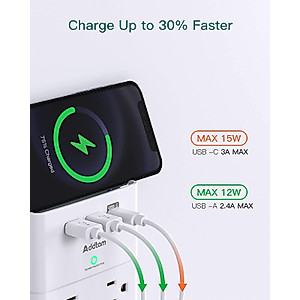 Surge Protector 5 Outlet Extender with 4 USB Charging Ports (1 USB C Outlet) 3 Sided 1800J Power Strip and Addtam Surge Protector Wall Mount with 12 Outlet Extender- 3 Sides and 3 USB Ports (1 USB-C)