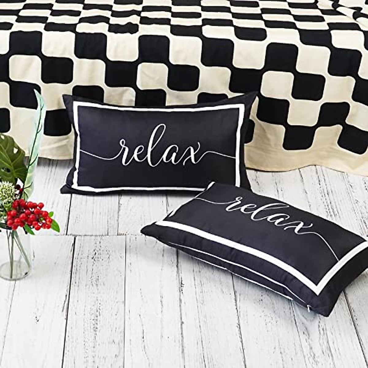ONWAY Outdoor Waterproof Throw Pillow Covers 12x20 Set of 2 Black and White Pillows Relax Decorations for Patio Furniture Garden Couch Tent Balcony