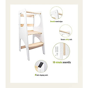 EKOUPLUS Wooden Step Stool for Kids, Premium Adjustable Height Toddler Stool Kids Step Stool with Handle and Safety Rail, Perfect for Kitchen, Bathroom and Bedroom