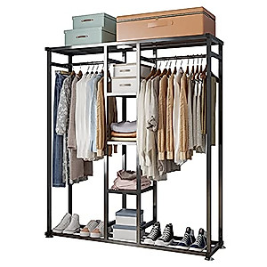 UDEAR Metal Garment Rack,Freestanding,Open Wardrobe Closet Storage Organizer,Large Armoire with 6 Shelves,2 Clothes Hanging Rack Stand for Clothes,Shoes, Bags,in Entryway,Room,Black