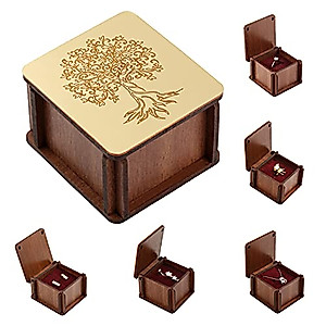 LUCCE Wooden Ring Box for Proposal Slim - Small Engagement Ring Box Wood - Golden Mirror Effect Tree of Life Pattern Rustic Wedding Decorations for Ceremony, Jewelry Box - Wooden Storage Box with Ring Bearer and Perfect for Proposal, Wedding, Ceremony, En