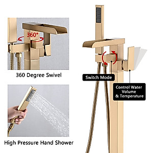 PROOX Freestanding Bathtub Faucet Floor Mounted, High Flow Free Standing Tub Filler with Hand Sprayer, Swivel Spout - Brushed Gold