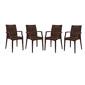 LeisureMod Hickory Weave Indoor Outdoor Patio Dining Side Armchair Set of 4 (Brown)