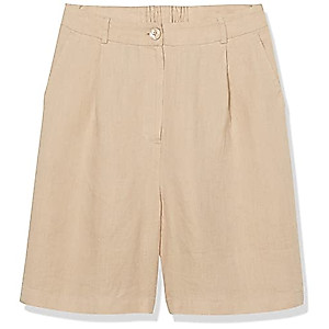 The Drop Women's Millie Loose-Fit Pleated Long Linen Walk Short, Hummus, M