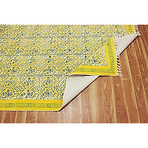 Casavani Indian Handmade Cotton Dhurrie Bordered Yellow & Green Area Rug Boho Kilim Flat Weave Rug Indoor Hall Room Decor Carpet Throw Rugs for Bedroom Living Room Bathroom Balcony 4x7 Feet