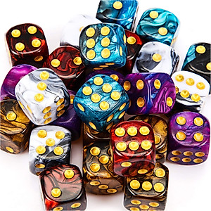 TecUnite 25 Pieces Polyhedral Dice Set 6 Sided Game Dice Set with Black Pouch for Table Games (Marble Color)