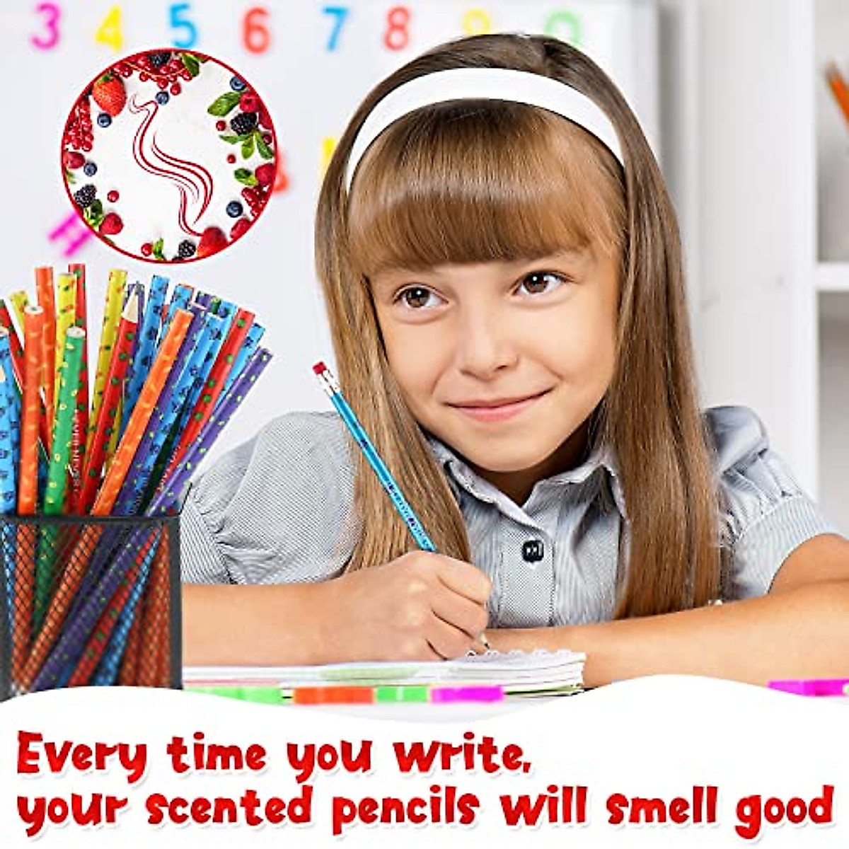 Gersoniel 48 Pieces Fruit Scent Inspirational Pencils Student Colorful Fruit Pencils Kids Motivational Graphite Pencil Cylinder Wood Pencil Colored Pencils with Eraser Gift for School Supply Vivid