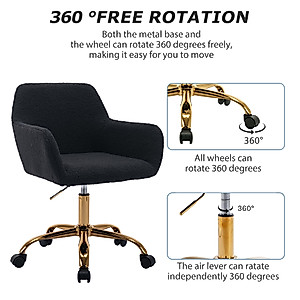 KCC Faux Fur Office Desk Chair, Comfy Swivel Armchair with Wheels, Upholstered Fuzzy Vanity Chair, Adjustable Seat Height, Black