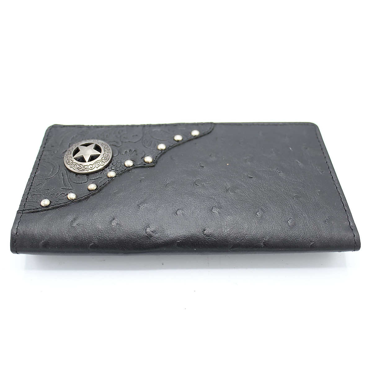 EastMeetsWest Western Black Star Concho Genuine Leather Ostrich Embossed Bi-Fold Men's Rodeo Long Wallet