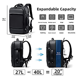 FENRUIEN Expandable Travel Backpack Airline Approved, 17.3”Large 40L Business Laptop Backpack for Men with USB Port, Working Daily Traveling Suitcase
