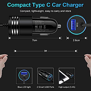 Android Car Charger Type C Samsung Car Charger Fast Charging for Samsung Galaxy A14/A04S/A53 5G/A13/A03S/S23/S23 Ultra/S23 Plus/S22/S21fe/S20/Z Flip4/Z Fold4/A12/A32, 3.4A Car Adapter+3ft USB C Cable