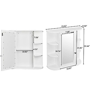 3 Tier Outside Bathroom Wall Mirror Cabinet, 6 Open Shelves Toilet Cabinet Multipurpose Storage Organizer ，White