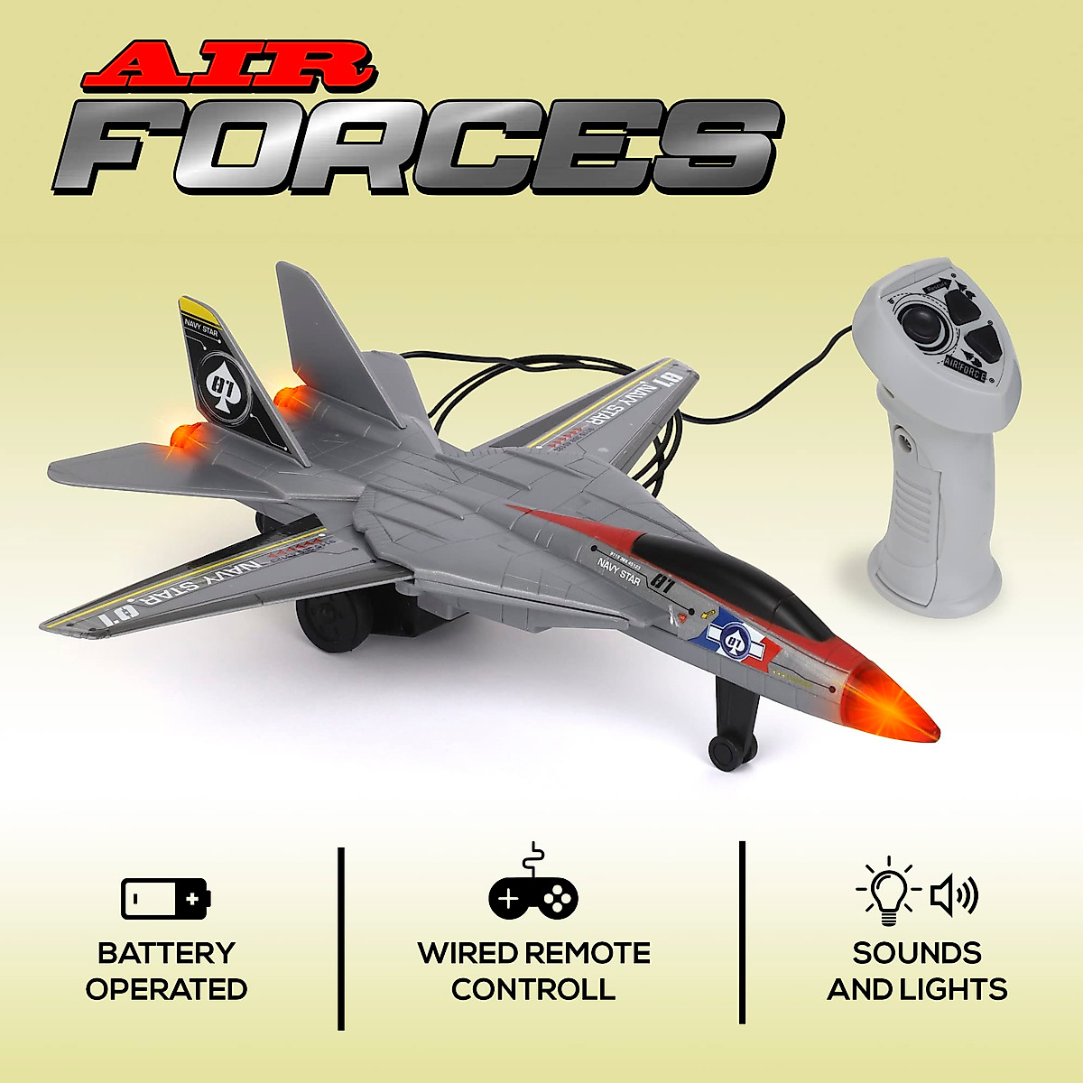 Playkidiz Wired Remote Control Plane, with Lights & Sounds Navy Star Airplane Toy with 43" Wire, Ages 3+, Perfect for Toddlers