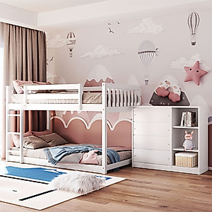 Twin Over Twin Bunk Bed with Drawers and Shelves, Wood Floor Bunk Beds with Storage for Kids Toddlers Girls Boys, Teens, Adults, White