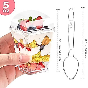 Zezzxu 100 Pack 5 oz Dessert Cups with Dome Lids and Spoons Mini Parfait Cups Clear Plastic Tasting Appetizer Bowls for Fruit Ice Cream Pudding Mousse