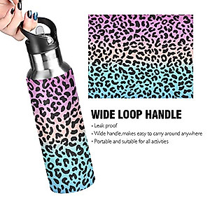 ALAZA Blue Pink Leopard Print Water Bottle Insulated Stainless Steel Travel Mug with Straw 20 Oz Christmas Birthday Gifts