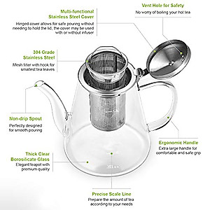 Zpose 1200ml Teapot with Removable Loose Tea Infuser, Borosilicate Glass Pot with Scale Line, Stovetop Safe Kettle for Blooming Tea, Gift Box for Tea Maker