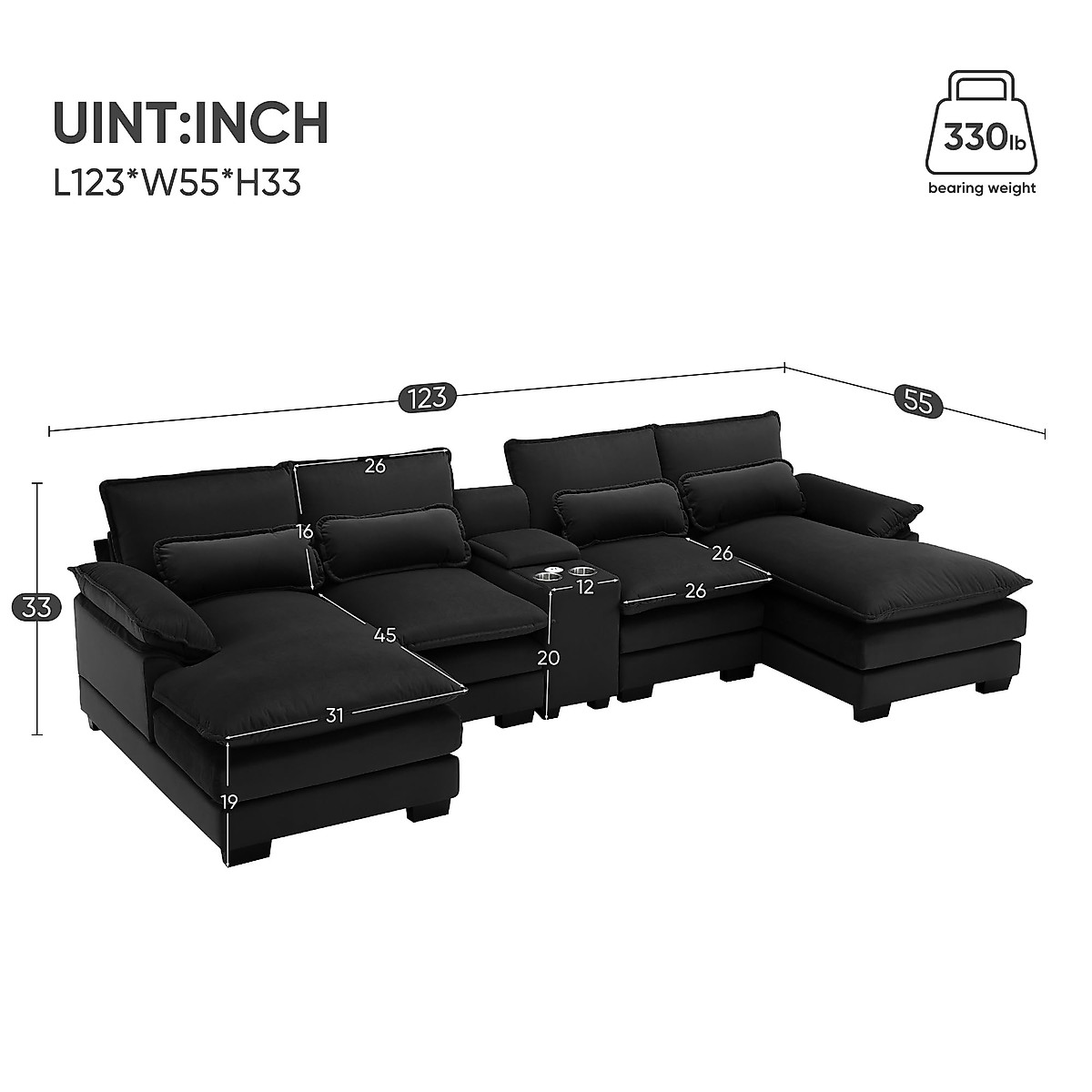 WIIS' IDEA 123" Modern Sectional Sofa Couch,U-Shaped Sofa with Console,Cupholders and USB Ports,6-seat Upholstered,Sleeper Couch Set with Chaise,Sectional Couches for Living Room,Apartment（Black）