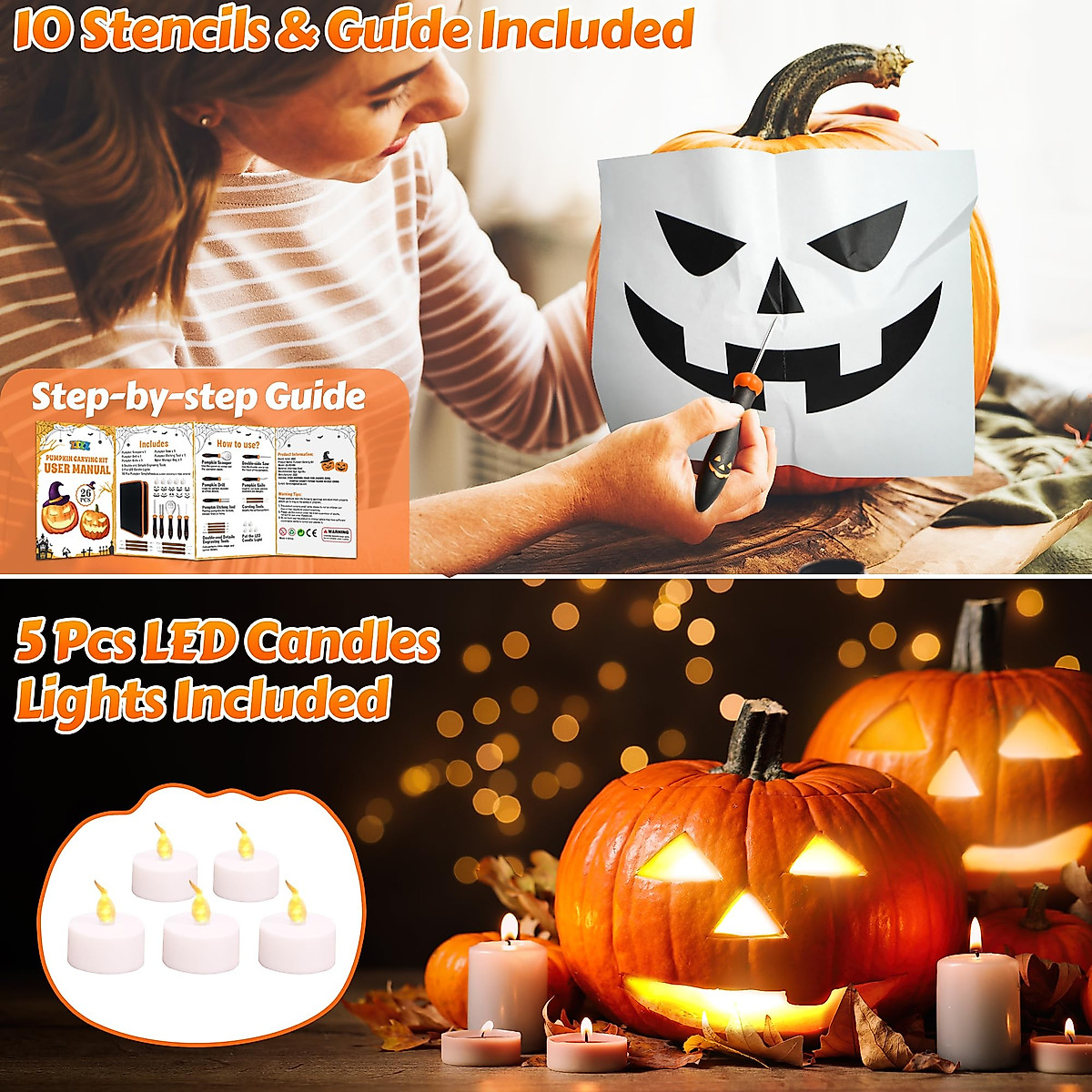 ZIZZ Pumpkin Carving Tools Halloween: 26 Pcs Professional Pumpkin Carving Kit Set for Adult Kid Stainless Steel Pumpkin Sculpting Tool with Stencil & LED Light for Halloween Decoration Jack-O-Lantern