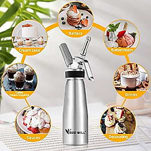 ECO-WILL Professional Whipped Cream Dispenser, Durable Aluminum Cream Whipper with 2 Sets of Stainless Steel and Plastic Tips & Cleaning Brush,1-Pint / 500 mL, Homemade Cream Maker