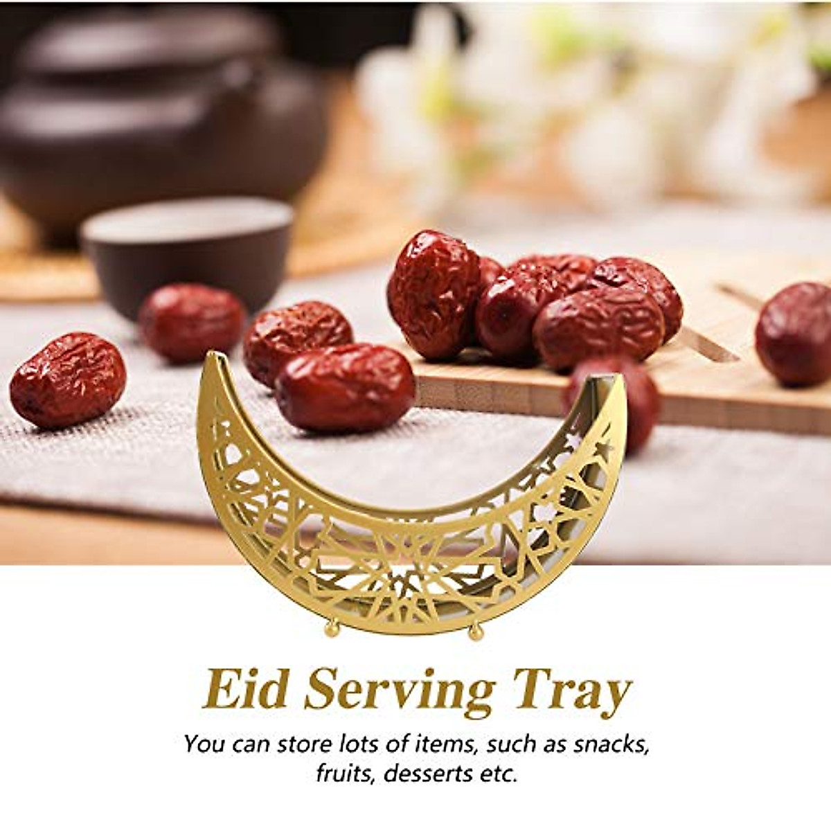 ULTNICE Ramadan Eid Plate Iron Serving Tray 3D Moon Shaped Islam Platter Candy Dish Snacks Dessert Holder Pastry Tray Dishes for Muslim Ramadan Mubarak Home Party Supplies Golden