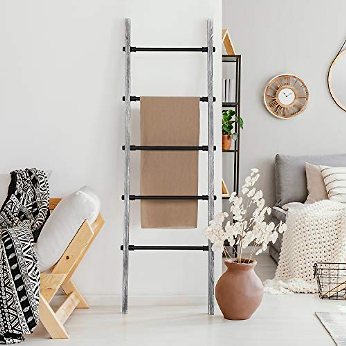 MyGift 5-ft Rustic Gray Washed Solid Wood Wall Leaning Blanket Ladder with 5 Metal Pipe Rungs, Bathroom Towel Ladder Rack