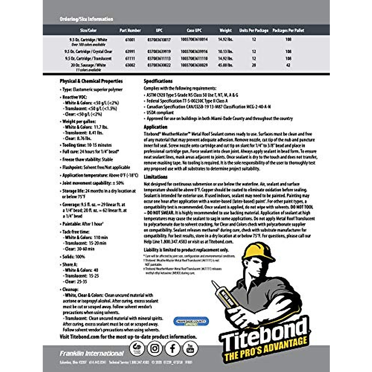 Titebond WeatherMaster Metal Roof Sealant 61001 White 10.1-Oz (Case of 12 Cartridges)