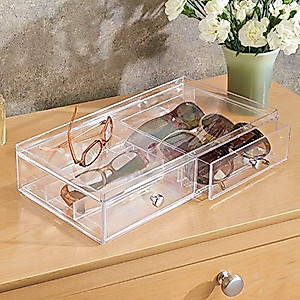 mDesign Wide Stackable Plastic Eye Glass Organizer Box Holder for Sunglasses, Reading Glasses, Lens Cleaning Cloths, Accessories - 2 Divided Drawers with 6 Sections, Chrome Pulls, Clear
