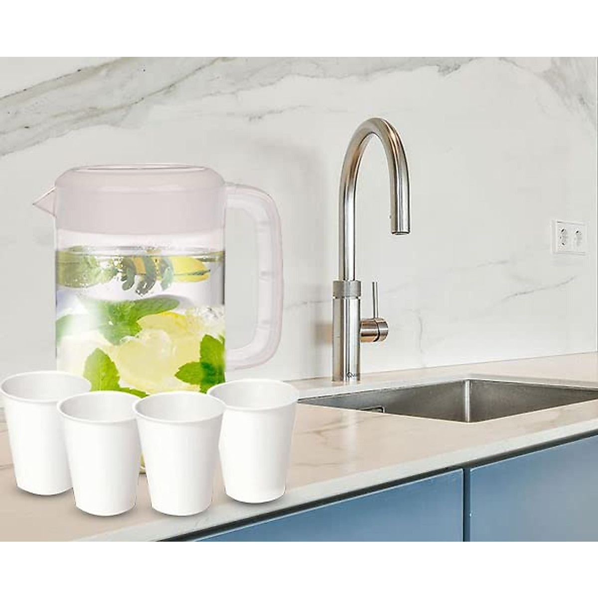 Smarthome Homesmart Plastic Water Pitcher, Juice 1 Gallon Pitchers With 4 Cups 12.5 oz, Tea Jug, Container, White Beverage For Ice & Lemonade, 4L Mixing BPA-free