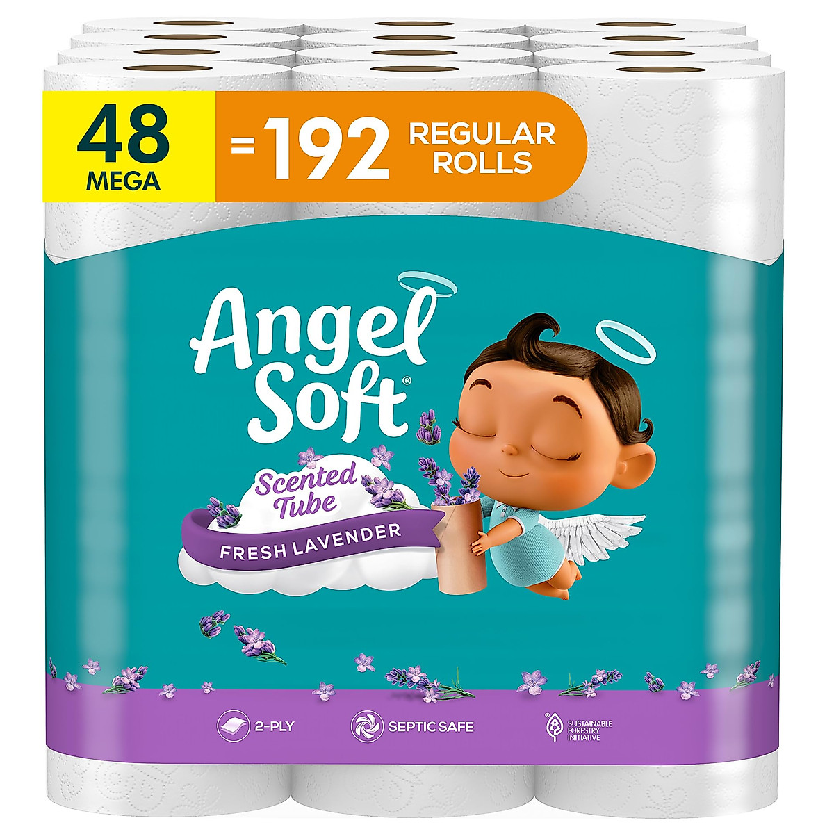 Angel Soft Toilet Paper with Fresh Lavender Scented Tube, 48 Mega Rolls = 192 Regular Rolls, Soft and Strong Toilet Tissue