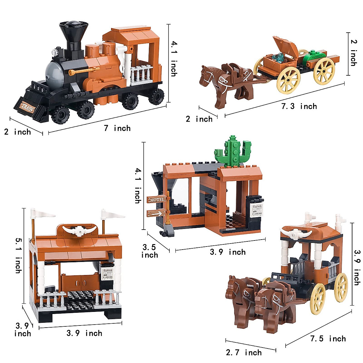 3in1 Train Horse Carriage Building Kit, Horse Stable and Animal Horses, Inn and Carriage with Horn Decoration, Creative Western Cowboy Themed Gifts for Boys Ages 6 Years and Up, 212 Pcs