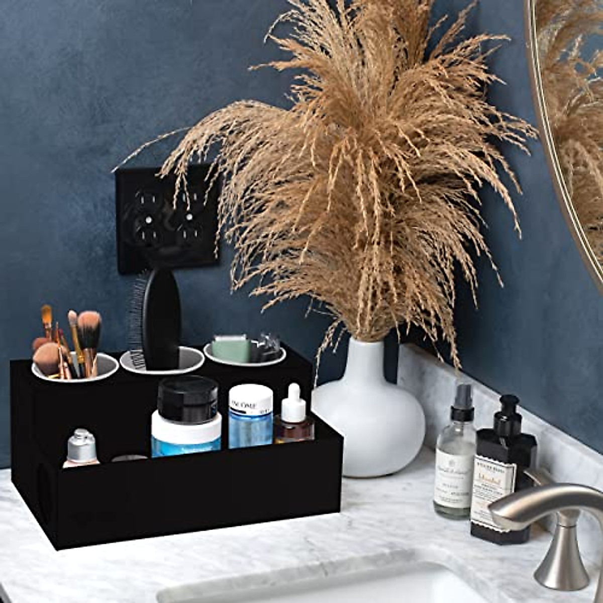 Happy start Acrylic Hair Tool Organizer - Blow Dryer Holder, Hair Styling Tools & Accessories Organizer Vanity Caddy Storage Stand with Heat Resistant Stainless Steel Cups (Regular, Black)