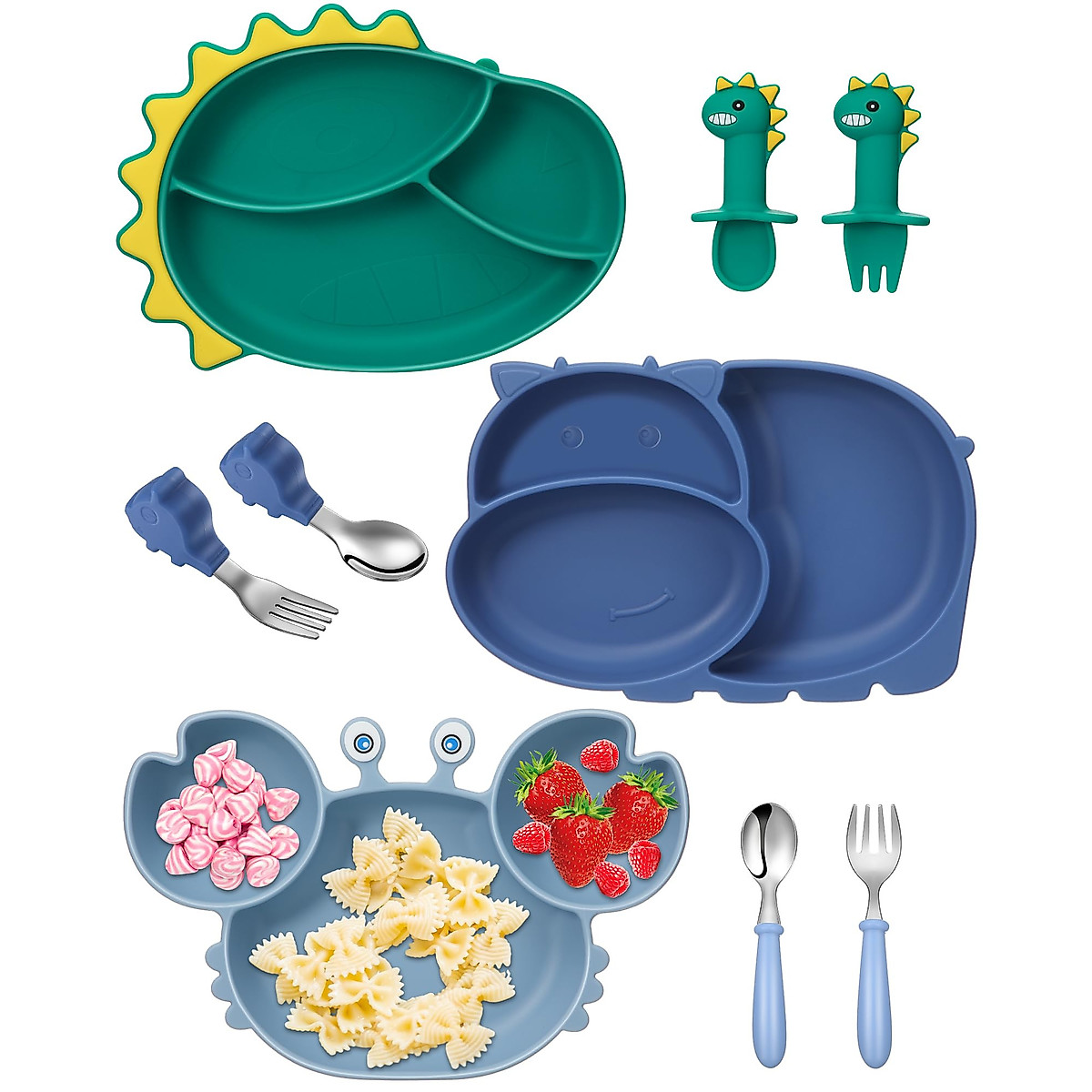 Maxdot 9 Pcs Baby Silicone Plates with Suction Divided Placemat Dish with Spoon Fork Set Toddler Plates Baby Plates and Utensils Set Kids Self Feeding Training Supplies, Dinosaurs, Crab, Hippo