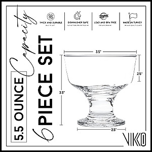 Vikko Dessert Bowls, 7 Ounce Ice Cream Sundae Bowls, Set of 6 Footed Dessert Cup For Ices, Pudding, Fruit, and More, Dishwasher Safe