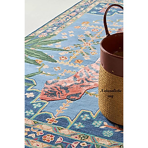 Bengal Tiger Animal Print Wool Area Rug Handmade Featuring Symmetrical Palm Leaves Design - Ideal for Living Room Bedroom Kids Room & Office (Red, 6'x9')