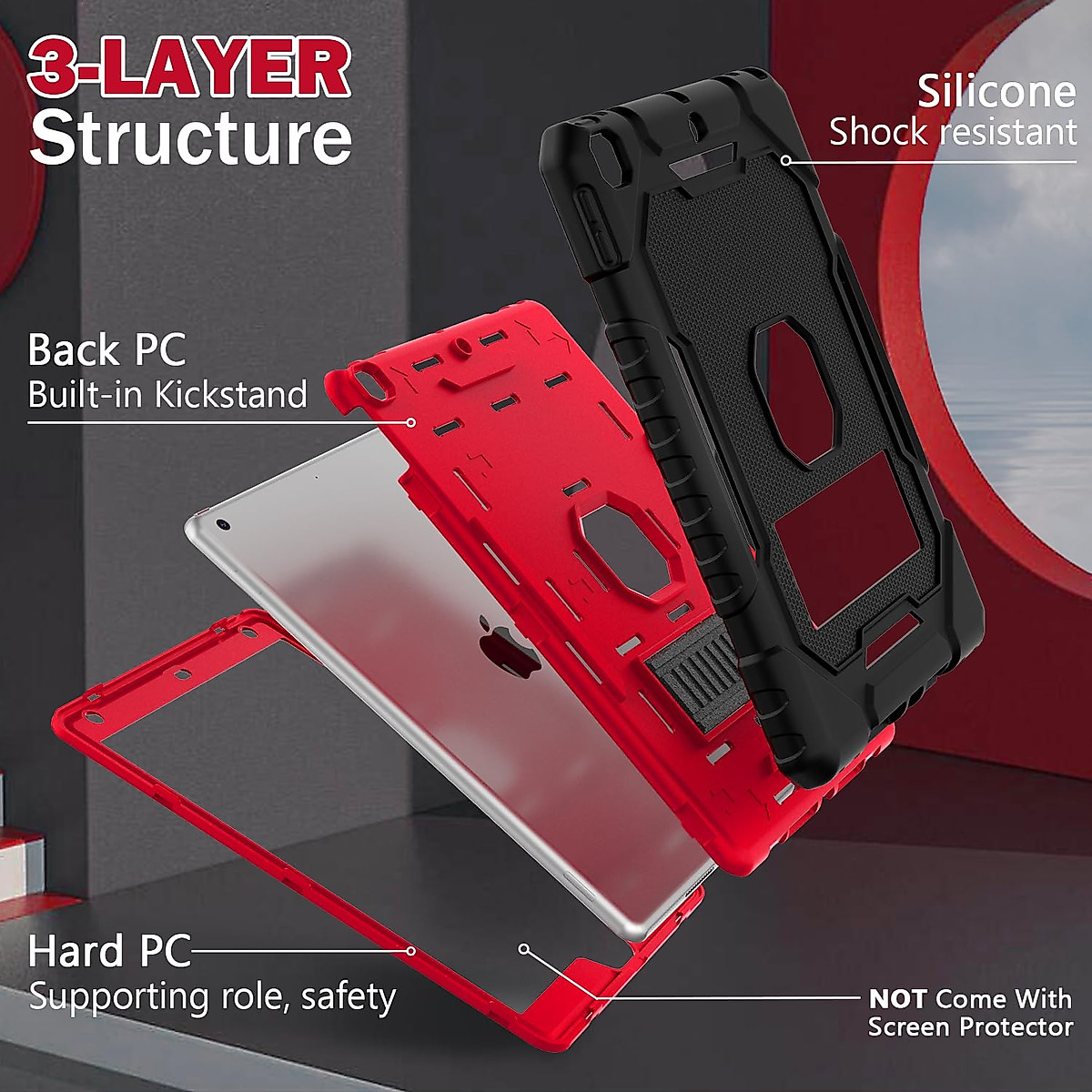 ZoneFoker Case for iPad 9th/8th/7th Generation 2021/2020/2019(10.2 inch), Heavy Duty Military Grade Shockproof Rugged Protective 10.2" Cover with Built-in Stand for iPad 9 8 7 Gen (Black+Red)