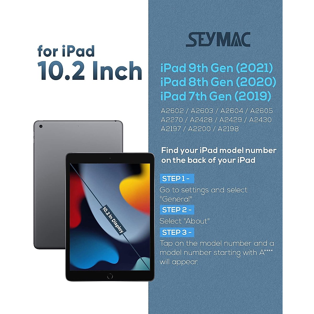 SEYMAC Kids Case for iPad 9th/ 8th/ 7th Generation Case 10.2" 2021/2020/2019, Full-Body Shockproof Heavy Duty Protective Case with Screen Protector, Rotating Stand/Handle/Shoulder Strap, Dark Blue
