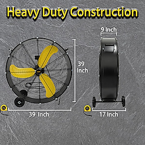 HiCFM 36" Industrial Drum Fan, 18600 CFM High Velocity 2 Speed 3/5 HP Heavy Duty Metal Air Circulator with Casters Handle 9ft Cord for Basement Warehouse Factory workshops Patios