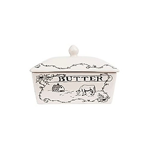 Creative Co-Op Country Stoneware Butter Dish with Lid, "Spread the Love" Message, and Farm Line Drawing, White and Black