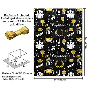NEPOG 2022 Graduation Gift Wrapping Papers, 6 Sheets Black and Gold Gift Wrap Papers, 20 x 28 inch per sheet Folded Paper with 1 Roll Gold Ribbon for Graduation Party Gift Wrap DIY Craft