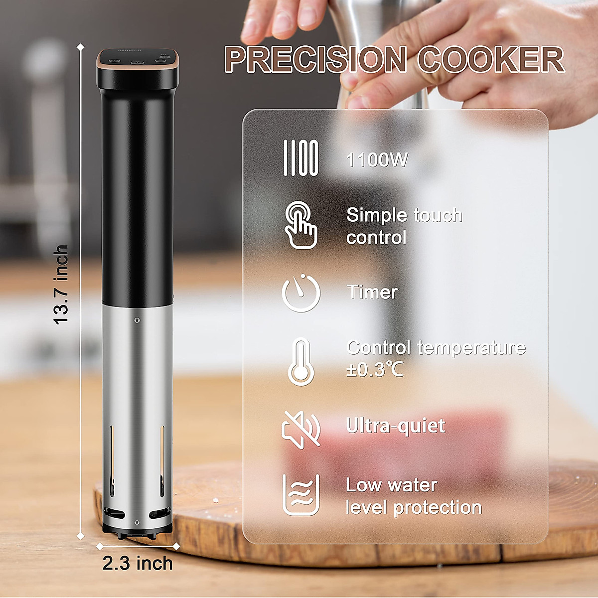 Sous Vide Cooker, 1100W Sous Vide Machine, Ultra-quiet Fast-Heating Immersion Circulator Precise Cooker with Big Touchscreen Accurate Temperature and Time Control, IPX7 Waterproof