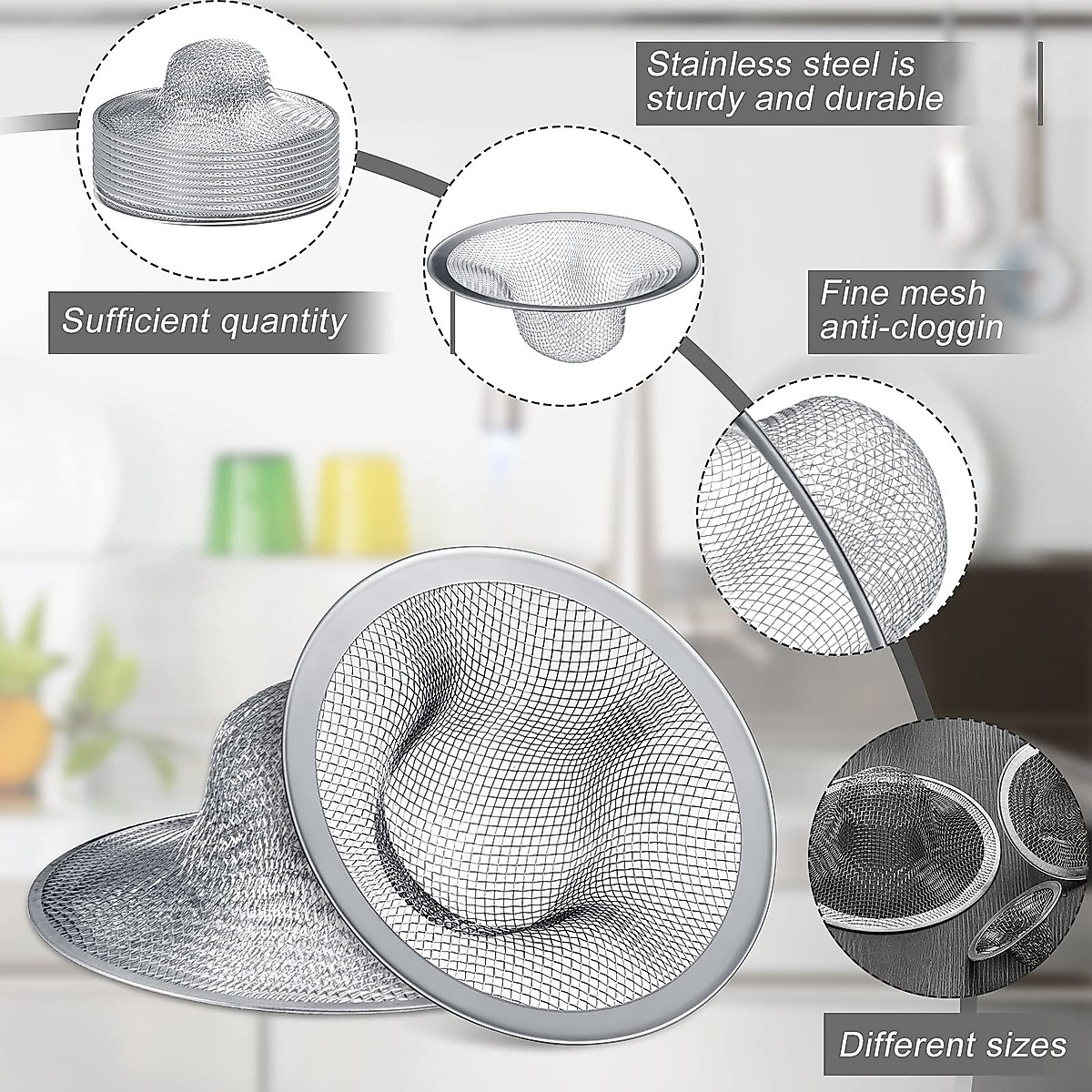 12 Pieces Stainless Steel Sink Strainer sink drain strainer, sink strainer with 4.5/2.75/2.25 Inch for Sink Drainage Kitchen Sink Bathroom Bathtub,sink drain strainer,drain screen
