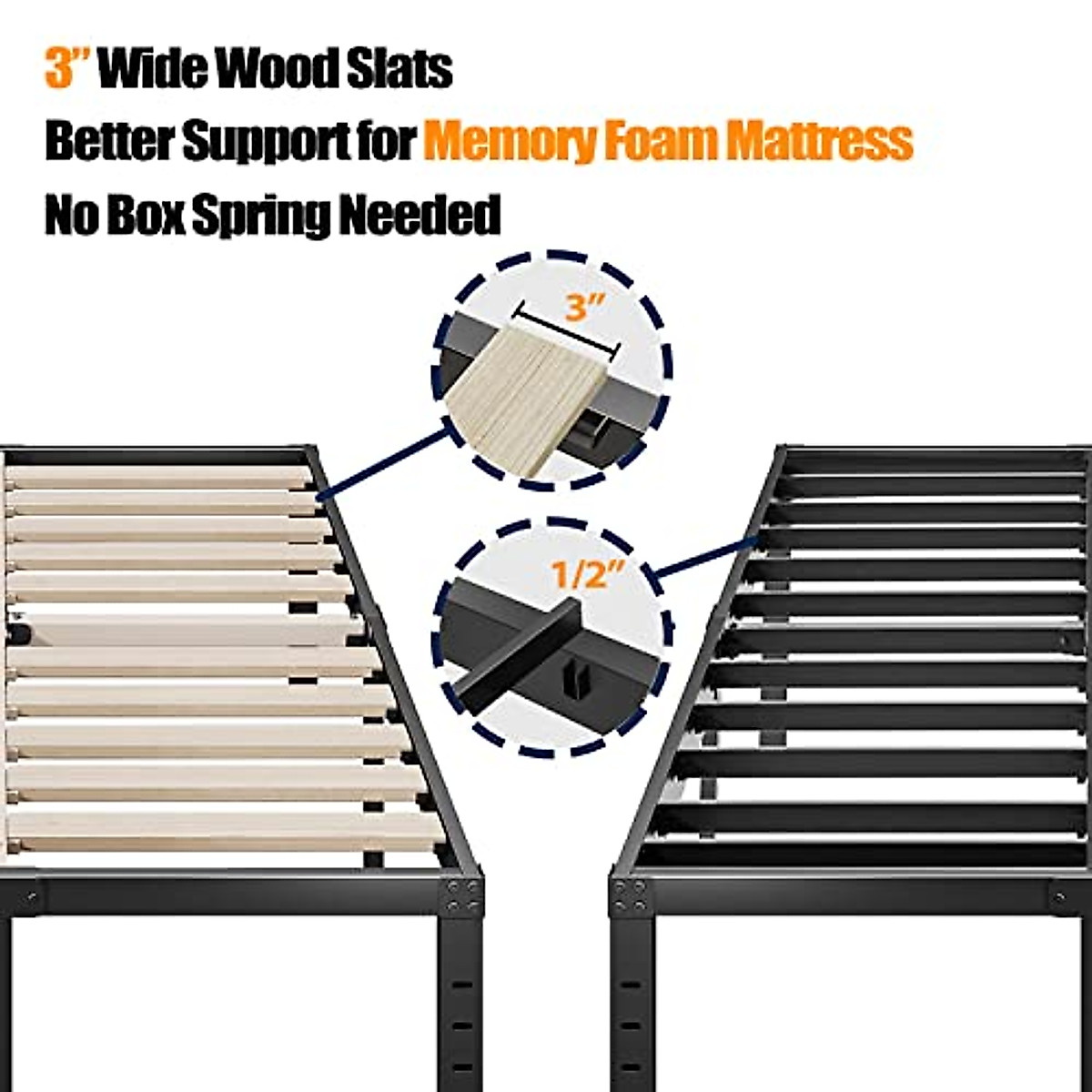 Auroral Zone Twin Bed Frame 14 Inches Tall 3 Inches Wide Wood Slats with Better Support for Foam Mattress No Sagging No Slip, No Box Spring Needed, Noise Free, Easy Assembly-Black