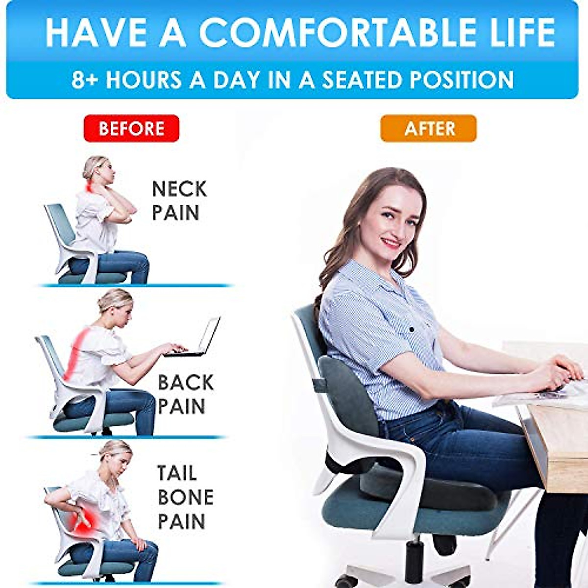 Seat Cushion & Lumbar Support Pillow for Office Chair, Car, Wheelchair Memory Foam Chair Cushion for Sciatica, Lower Back&Tailbone Pain Relief Desk Pad with Adjustable Strap Washable Cover Grey
