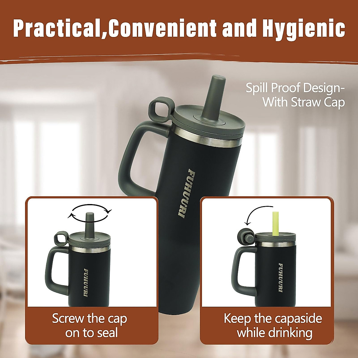 FUHUURI 40oz Stainless Steel Tumbler with Handle,Straw Lid,Double Wall Insulated, Keep Drinks Cold or Hot,Cupholder Friendly (Black grey)