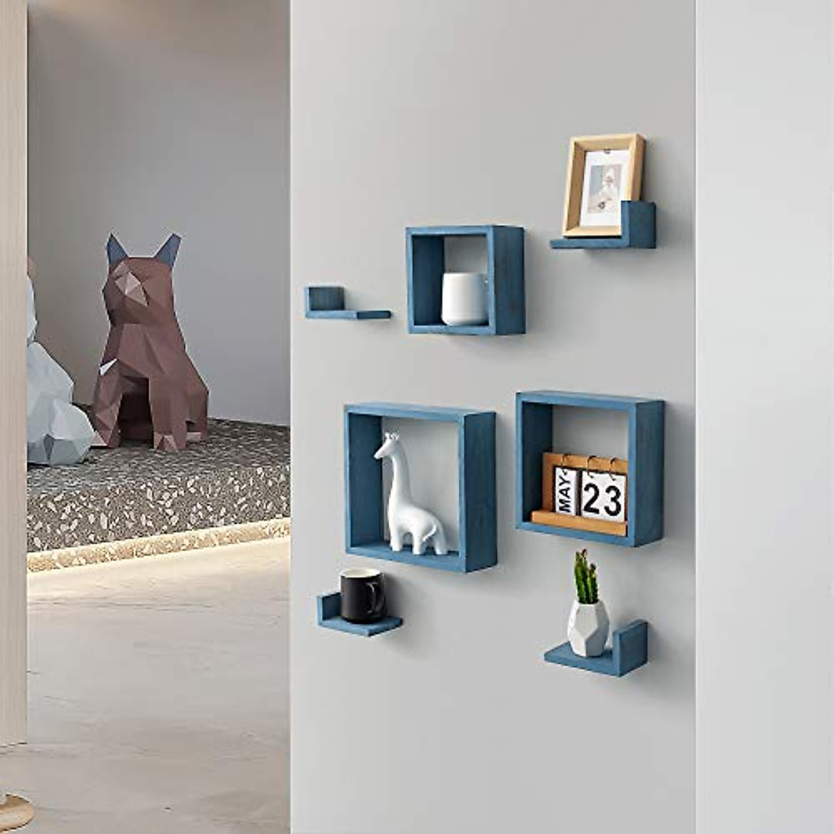 Coral Flower Rustic Wall Mounted Square Shaped Floating Shelves – Set of 7 – 3 Square Shelves and 4 L-Shaped Rustic Shelves – Screws and Anchors Included, Rustic Blue