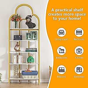 Tribesigns 5-Tier Gold Bookshelf Bookcase, Modern Bookcase with Open Storage Shelves, Tall Display Shelf Plant Flower Stand Rack for Bedroom Living Room Home Office, White & Gold